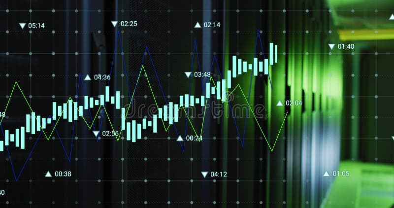 Animation of Multiple Graphs with Changing Numbers Over Data Server Racks in Server Room Stock ...