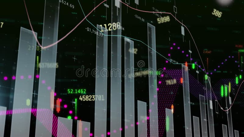 Animation of Multiple Graphs with Changing Numbers Over Dots Against Black Background Stock ...