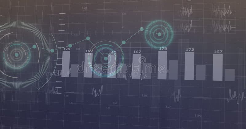 Animation of Multiple Graphs with Changing Numbers Over Loading Circles on Abstract Background ...