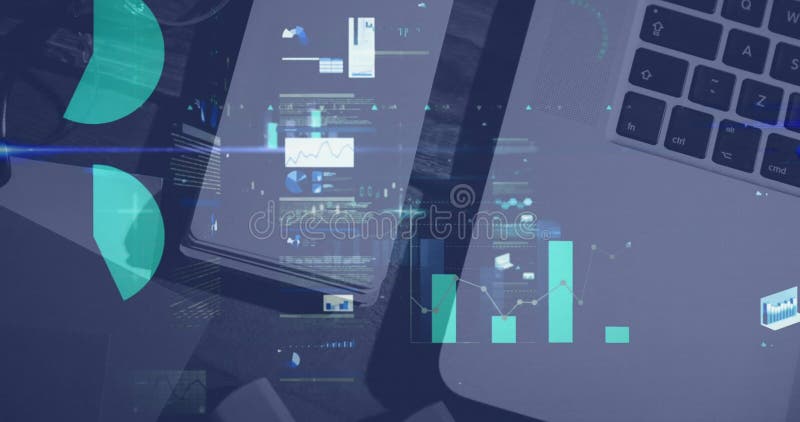 Animation of Multiple Graphs and Computer Language Over Laptop and Notepad on Desk Stock Footage ...