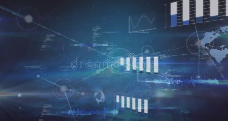 Animation of Multiple Graphs, Globe and Computer Language Over Connected Dots on Blue Background ...
