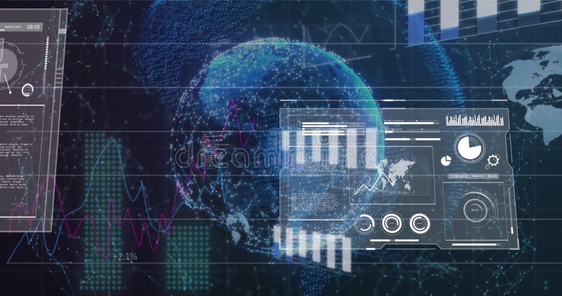 Animation Of Multiple Graphs Globe Loading Bars Map Circles Over Computer Language And Globes