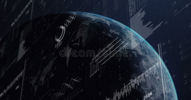 Animation of Multiple Graphs, Loading Circles and Bars Over Rotating Globe on Abstract ...