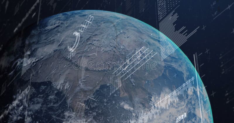 Animation of Multiple Graphs with Loading Circles, Bars Over Rotating Globe on Abstract ...
