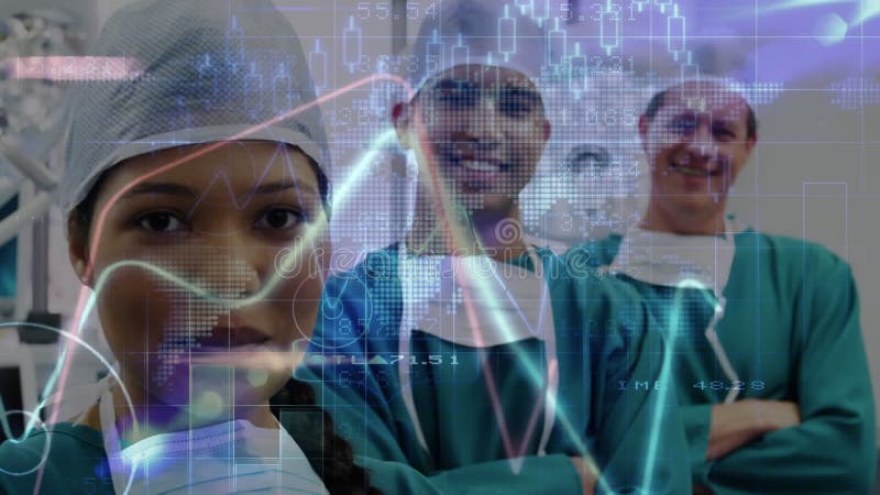 Animation of Multiple Graphs and Map Over Diverse Doctors Standing Arms ...