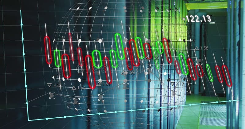 Animation of Multiple Graphs and Numbers with Globe Over Data Server Room Stock Footage - Video ...