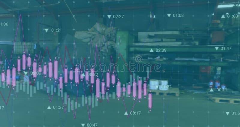 Animation of Multiple Graphs and Numbers Moving Over Abandoned Factory ...