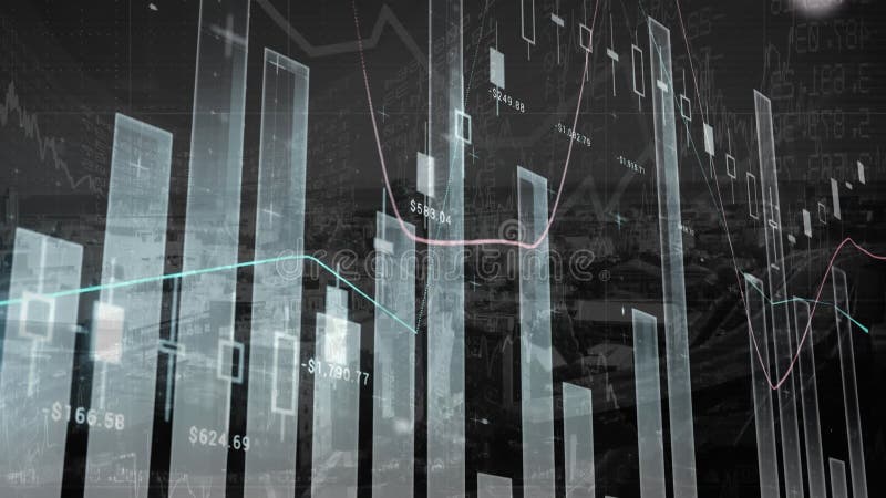 Animation of Multiple Graphs and Numbers Over Cityscape in Background ...