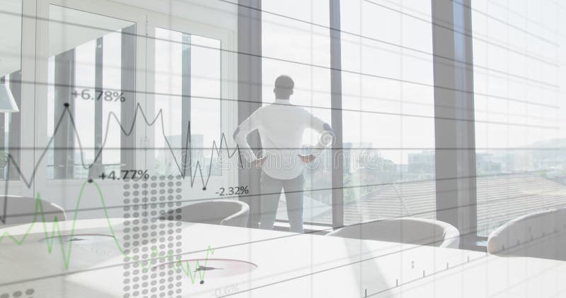 Animation of Multiple Graphs with Numbers Over Rear View of Man Looking ...