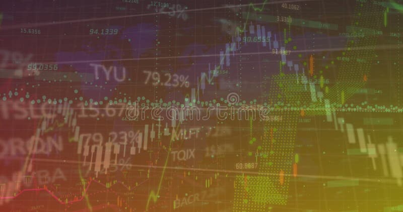 Animation of Multiple Graphs with Numbers Over Trading Board and Map Against Abstract Background ...
