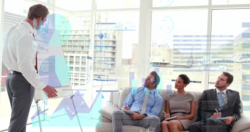 Animation of Multiple Graphs Over Caucasian Manager Explaining Strategy ...