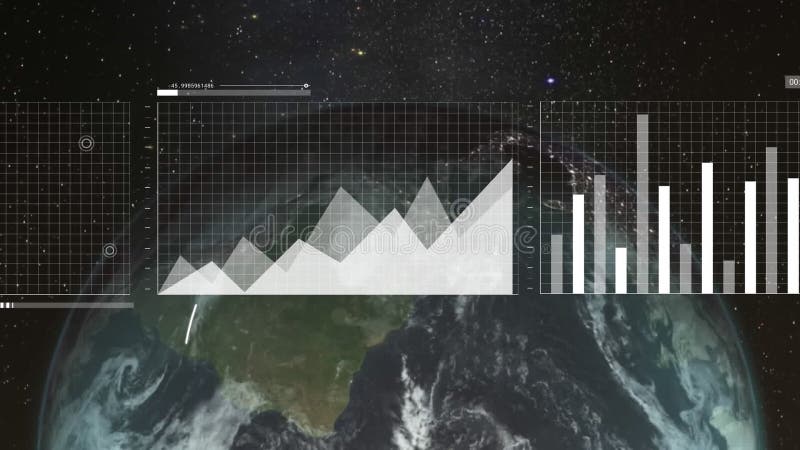 Animation of Multiple Graphs Over Lines Moving Around Rotating Globe Against Space Stock Footage ...