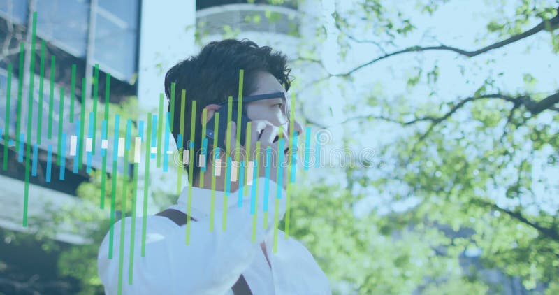 Animation of Multiple Graphs Over Low Angle View of Asian Man Talking ...