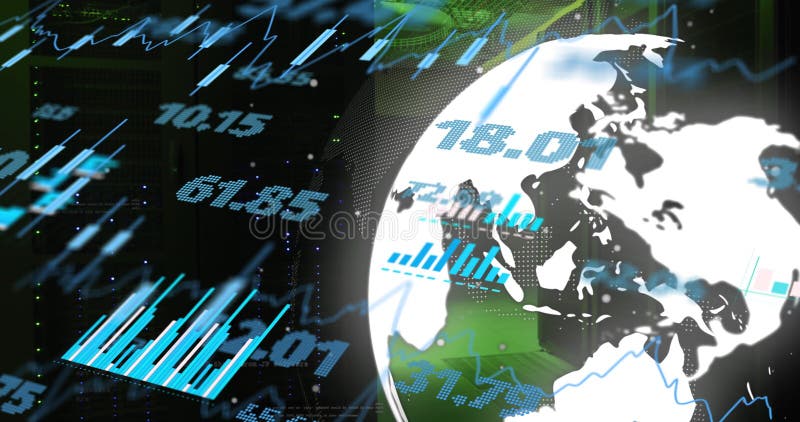 Animation of Multiple Graphs, Rotating Globe and Trading Board Over Data Server Room Stock ...