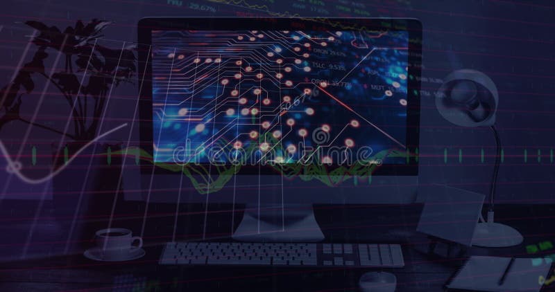 Animation Of Multiple Graphs And Trading Boards Over Circuit Board Pattern In Desktop On Table