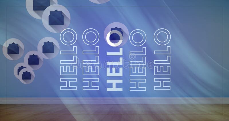 Animation of Multiple Hello Text Banners Over Message Icons Floating ...