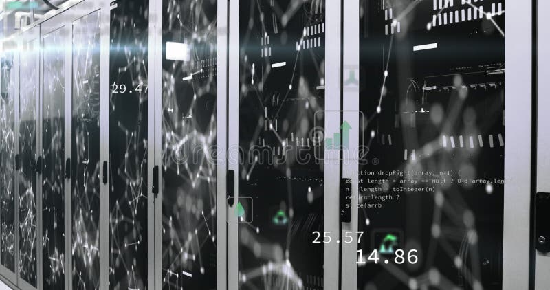 Animation Of Multiple Icons With Computer Language And Connected Dots Over Data Server Racks