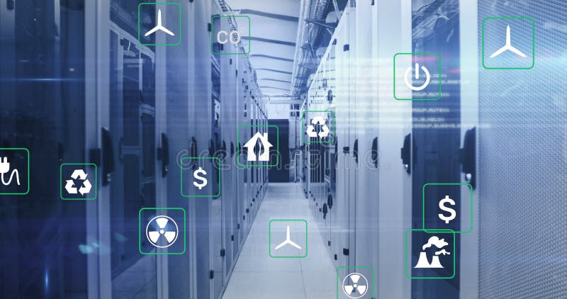 Animation of Multiple Icons, Computer Language Over Corridor of Data Server Room Stock Footage ...