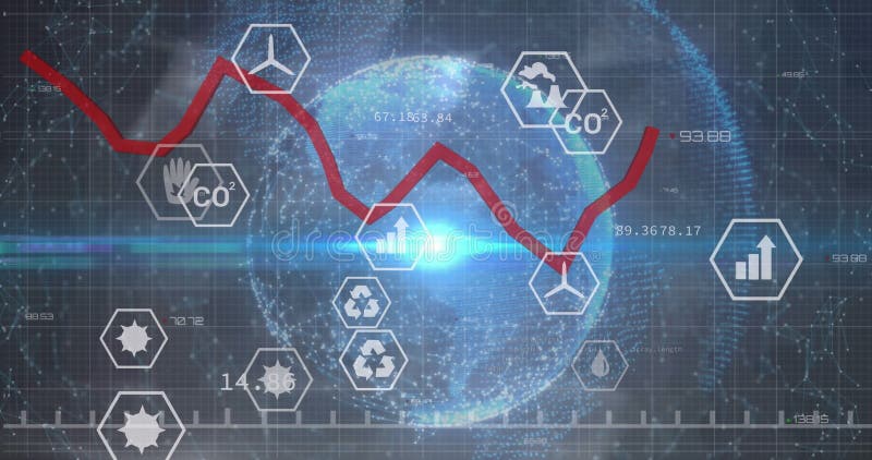 Animation of Multiple Icons, Graphs with Numbers, Computer Language Over Connected Dots Globe ...