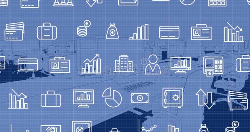 Animation of Multiple Icons and Grid Pattern Over 3d Model of Digital ...