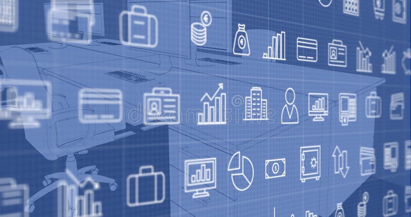 Animation of Multiple Icons Over Unoccupied Chair and Computer on Desk ...