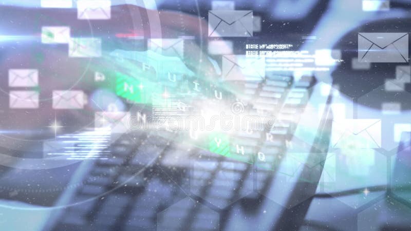 Animation of Multiple Message Icons and Data Processing Over Close Up of Person Typing on ...