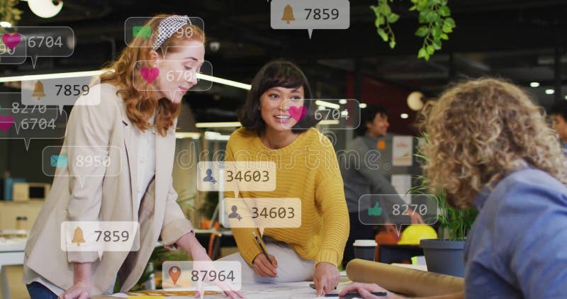 Animation of Multiple Notification Bars Over Diverse Coworkers Sharing ...