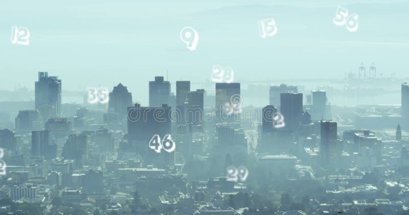 Animation of Multiple Numbers Floating Against Aerial View of Cityscape ...