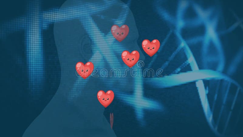 Animation of Multiple Pink Heart Icons and Dna Structures Over Human ...