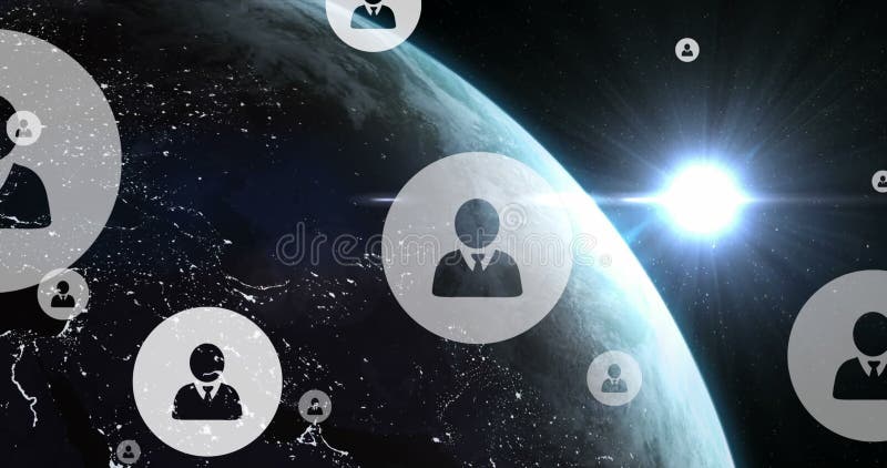 Animation of Multiple Profile Icon Floating Over Spinning Globe and ...