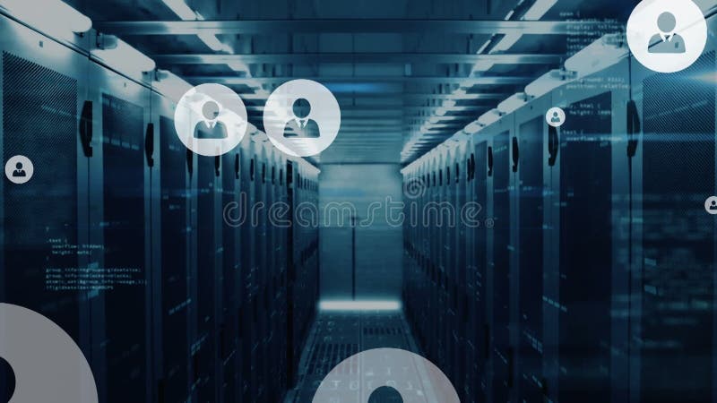 Animation of Multiple Profile Icons Floating and Data Processing Against Computer Server Room ...