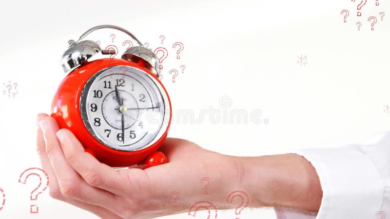 Animation of Multiple Question Symbols, Cropped Hand Holding Alarm ...