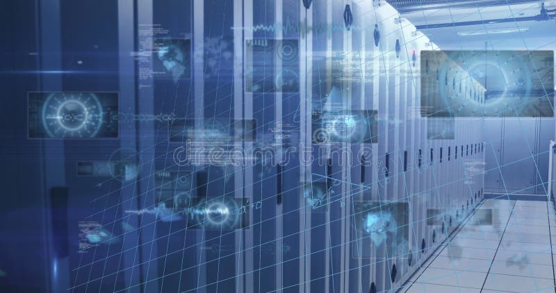 Animation of Multiple Round Scanner and Data Processing Against Computer Server Room Stock Video ...