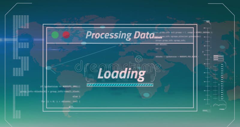 Animation of Multiple Text, Loading Bar and Computer Language Over Dots on Map Stock Footage ...