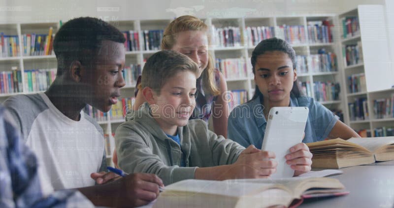 Animation of Multiracial Students Studying with Digital Tablet in ...