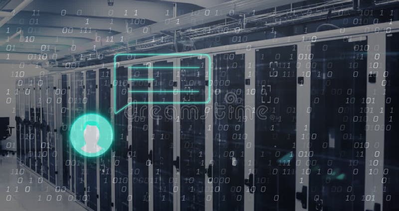 Animation of Neon and Profile Icons Against Binary Coding Against Computer Server Room Stock ...