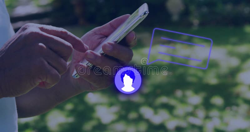 Animation of Neon Profile and Message Icon Against Mid Section of Man ...