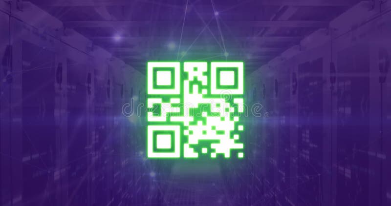 Animation of Neon Qr Code Scanner and Glowing Network of Connections Against Computer Server ...