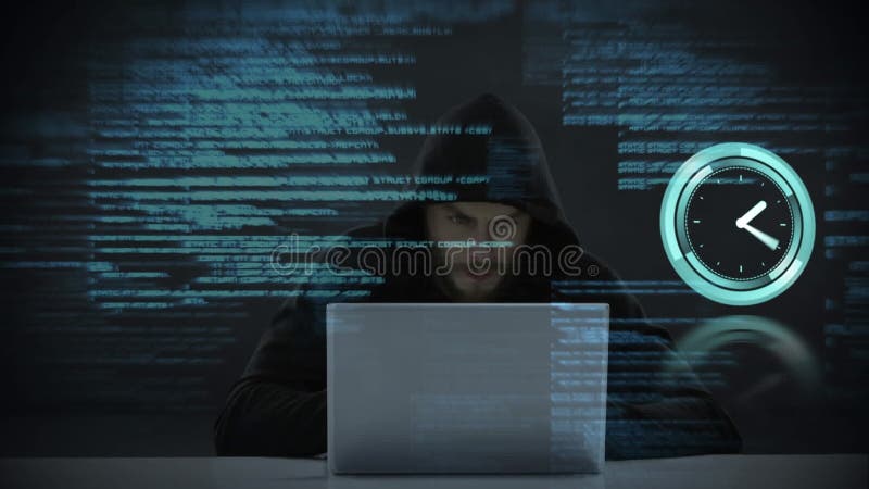 Animation of Neon Ticking Clock and Data Processing Against Caucasian ...