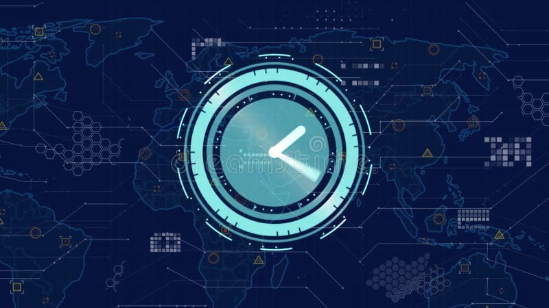 Animation of Neon Ticking Clock Over World Map and Data Processing ... Animation of Neon Ticking Clock Over World Map and Data Processing ...