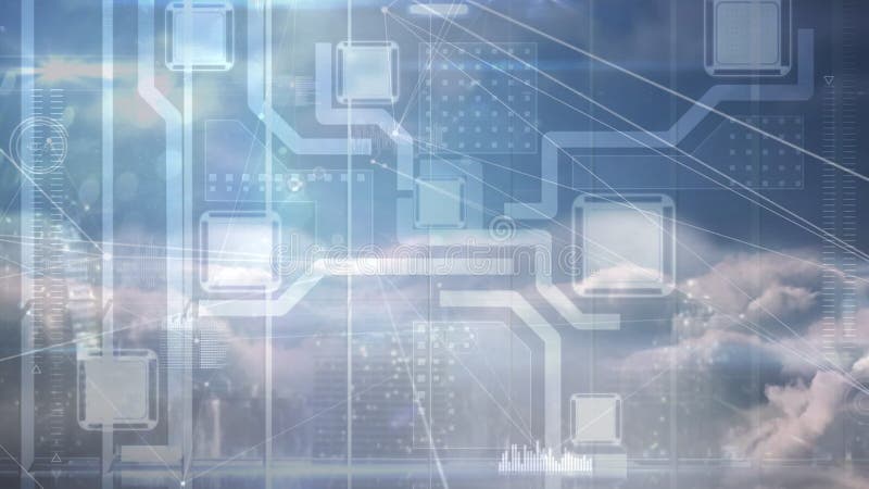 Animation Of Microprocessor Connections And Multiple Moving Arrow Icons Over Blue Square Shapes