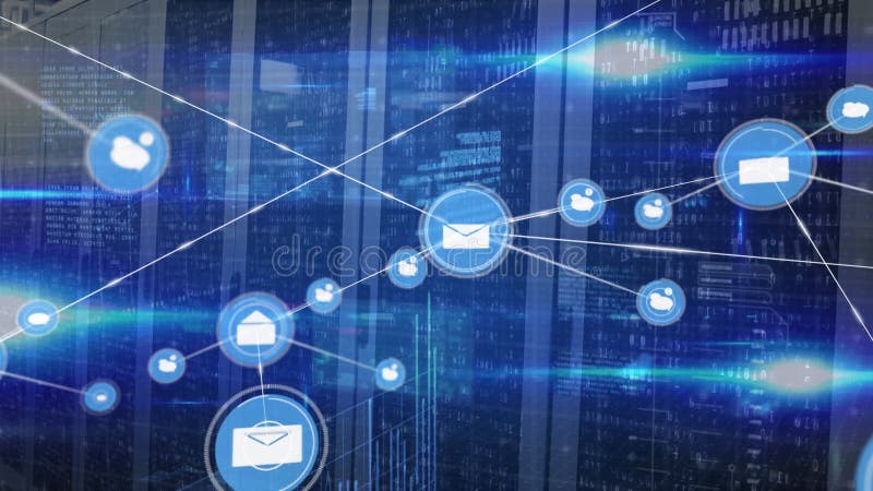 Animation of Network of Connection with Email Icons Over Computer ...