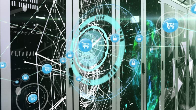 Animation of Network of Connection with Icons and Clock Over Server ...