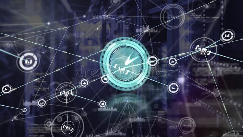 Animation of Network of Connection with Icons and Clock Over Server ...