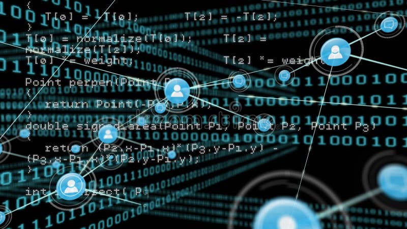 Animation of Network of Connection with Icons Over Black Background with Blue Binary Code Stock ...