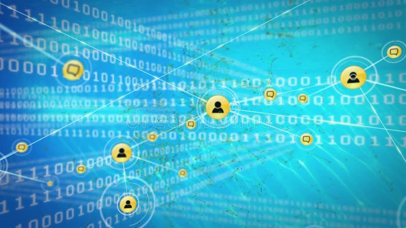 Animation of Network of Connection with Icons Over Blue Background with Binary Code Stock ...