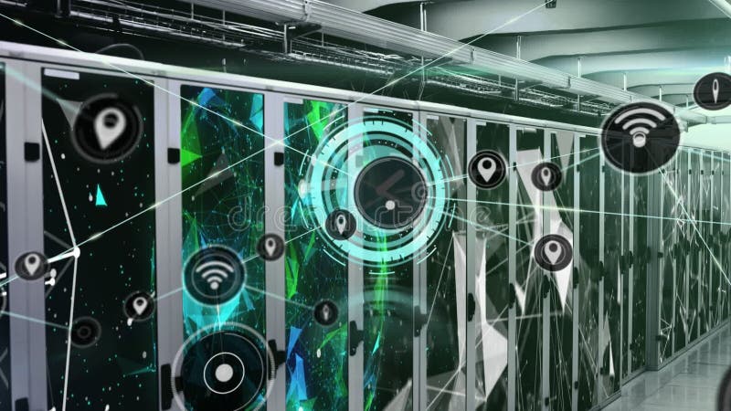 Animation of Network of Connection with Icons Over Server Room Stock ...
