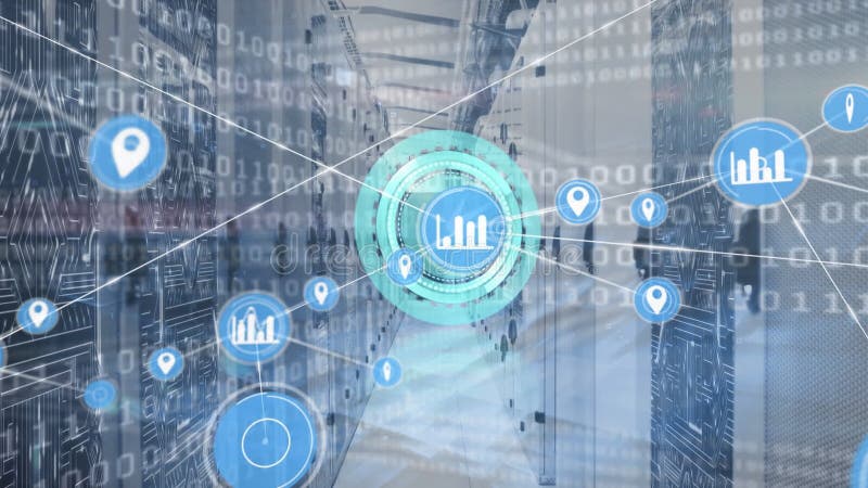 Animation of Network of Connection with Icons Over Server Room Stock ...