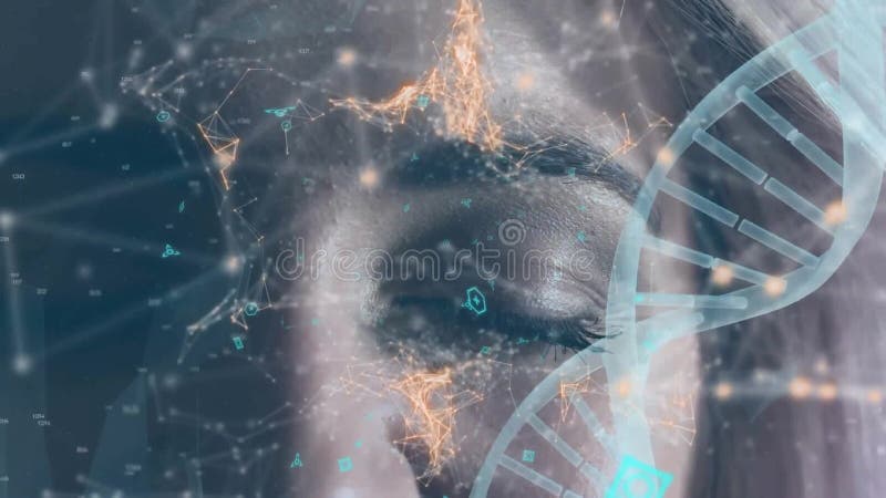 Animation of Network of Connections and Dna Strand Over Caucasian Woman ...