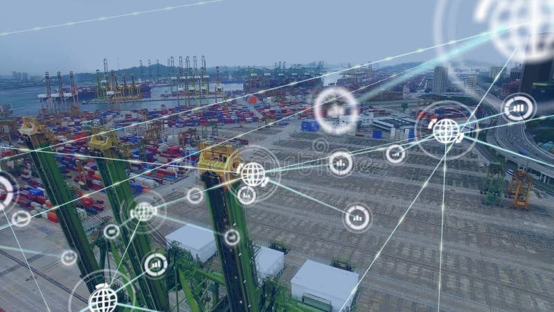 Animation of Network of Connections with Globe Icons Over Shipyard ...